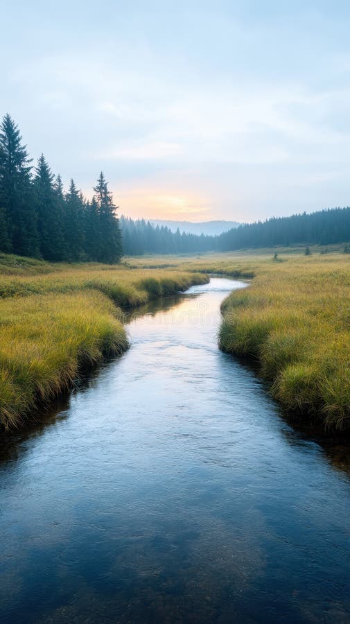 Calm River Winding through Lush Green Fields at Dawn Stock Illustration ...