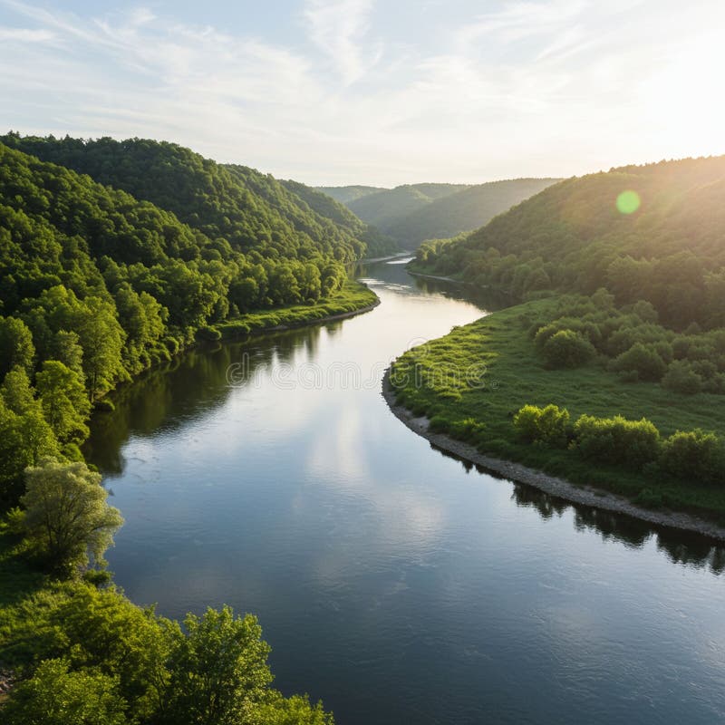 Calm River Winding through a Lush, Green Valley with Dense Forests on ...