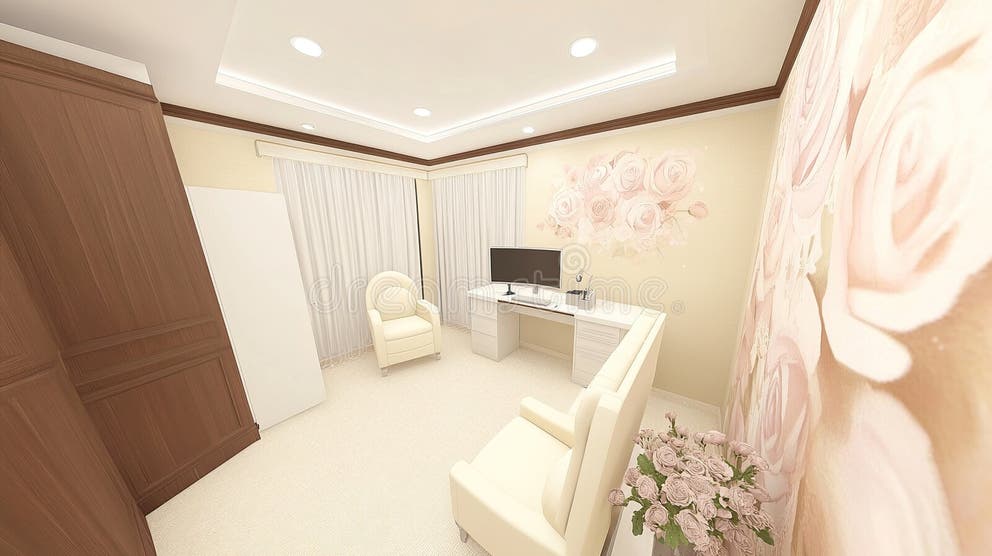 Calm Rose-themed Office Interior Design Rendering Stock Image - Image ...