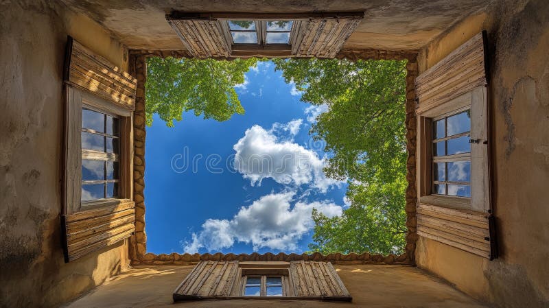 A Calm Rural Landscape with a Charming Old Window Frame and a Cloudy ...