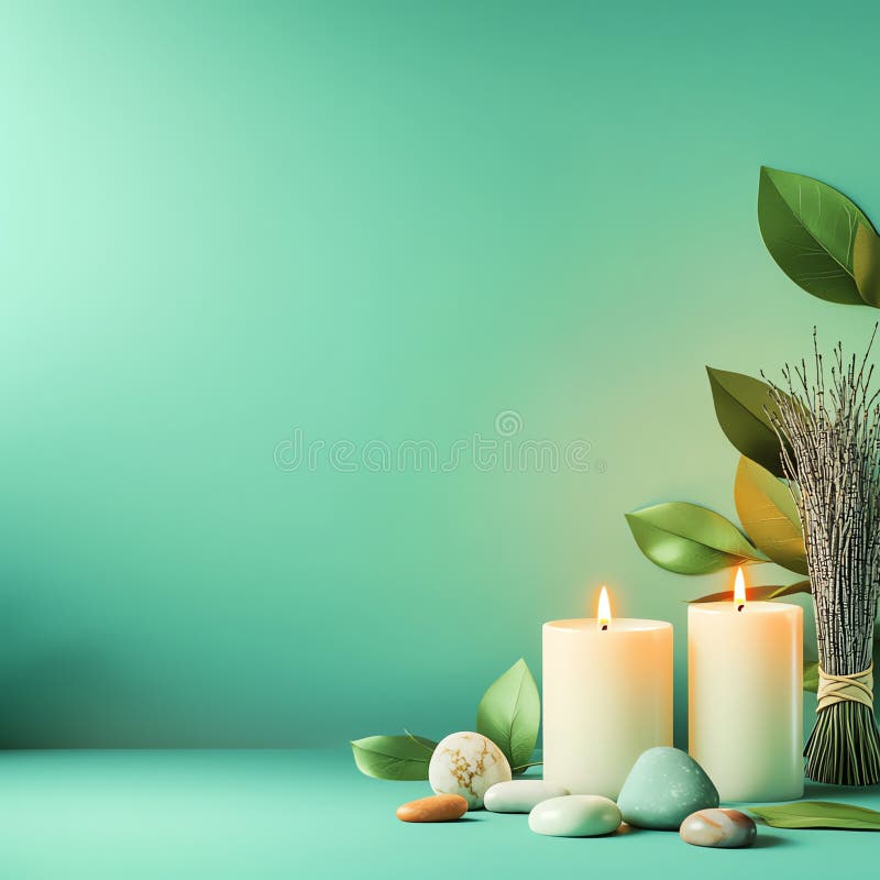 Calm Scene with Candles and Pebbles on a Tranquil Green Background ...