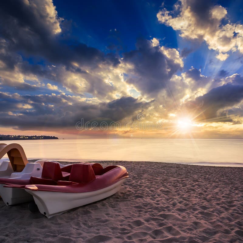 Calm Sea Beach with Boats at Sunset Stock Image - Image of blue, calm ...