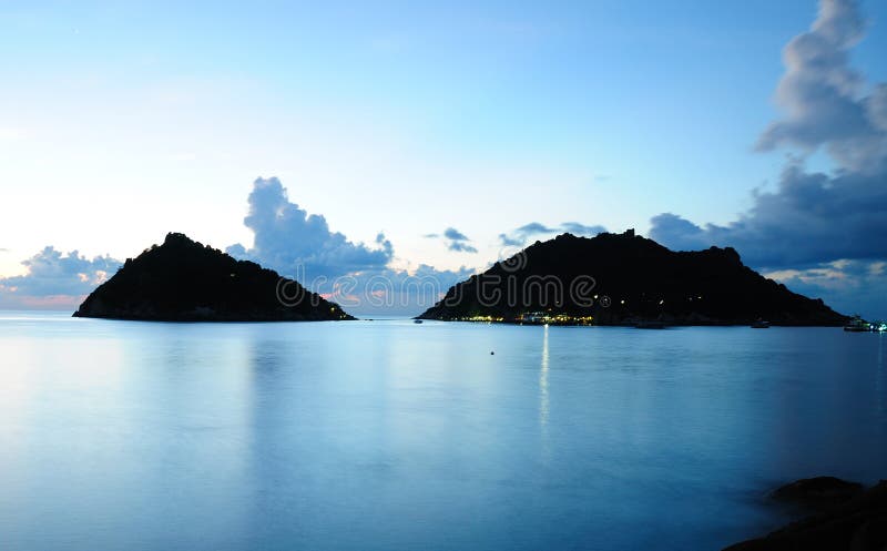 Calm Sea and Island at Night Stock Photo - Image of peaceful, horizon ...