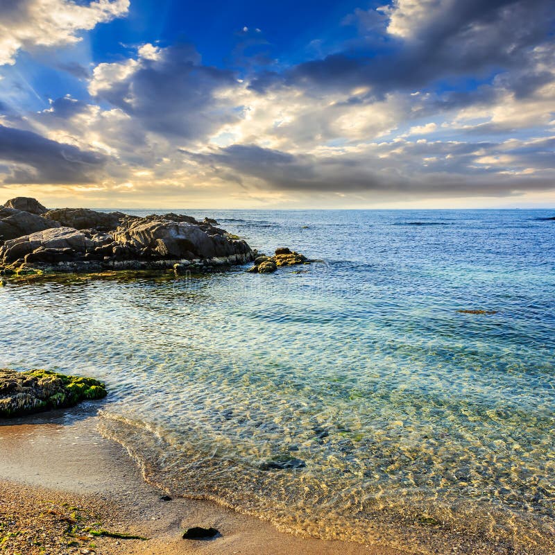 Calm Sea Beach with Boats at Sunset Stock Image - Image of blue, calm ...