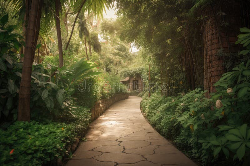Calm and Serene Pathway Surrounded by Lush Greenery Stock Illustration ...