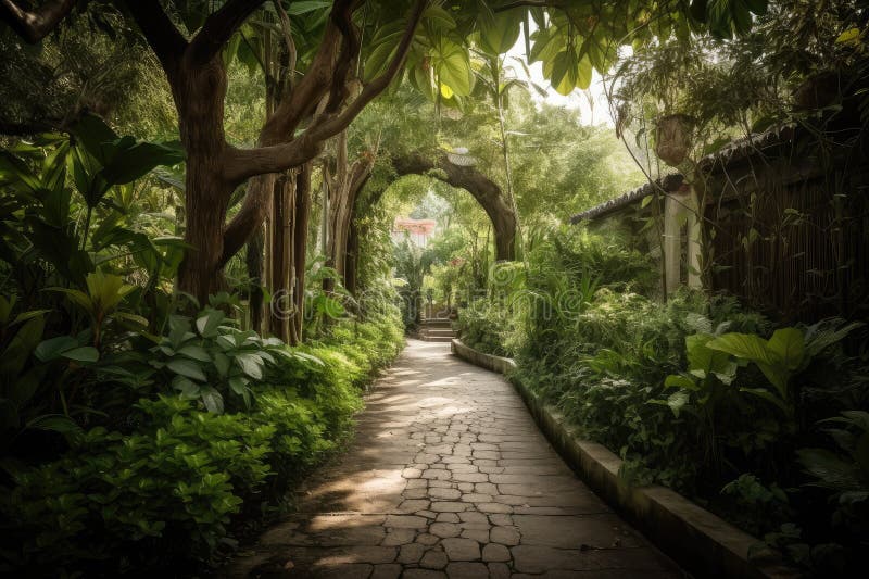 Calm and Serene Pathway Surrounded by Lush Greenery Stock Illustration ...