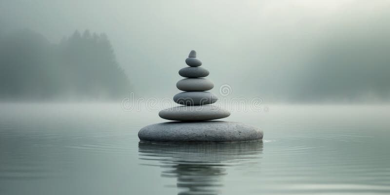 Calm Serenity Stack of Smooth Stones by Tranquil Waters in Soft Misty ...