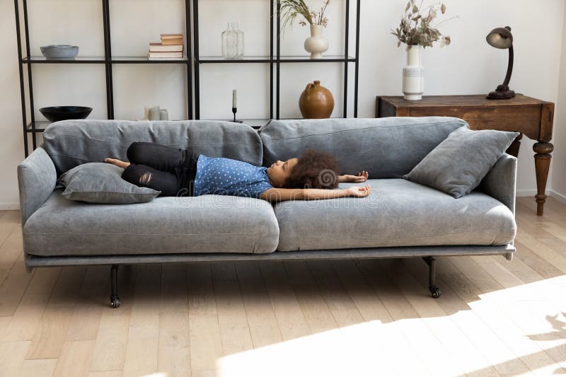 Calm Slumber Black Kid Girl Resting on Comfortable Sofa Stock Image ...