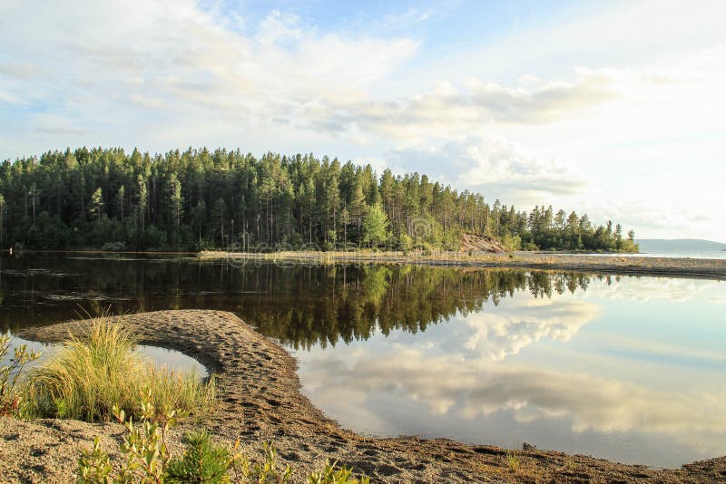 The Calm and Smooth Water of the Lake in Which the Forest and Clouds ...