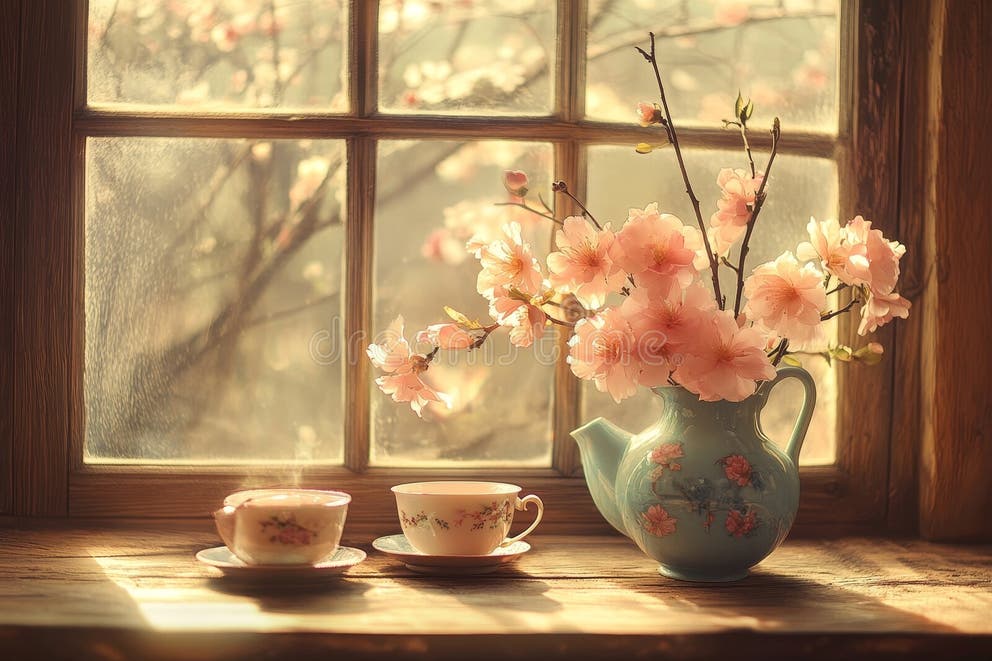 A Calm Spring Setting Adorned with Cherry Blossoms and Teacups Stock ...