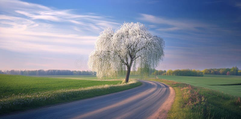 A Calm Spring Setting with a Blooming Weeping Tree by the Side of a ...