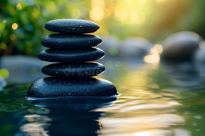 Calm Stack of Smooth Black Stones Balanced in a Serene Water Stock ...