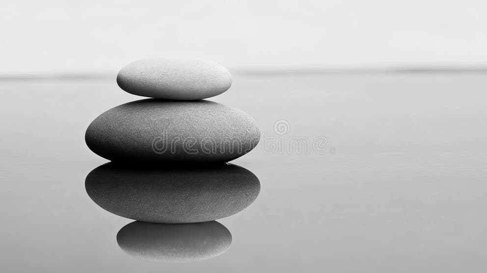 Calm Stack of Smooth Stones Reflecting on Serene Surface in Black and ...