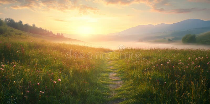 Calm Sunrise Over Rolling Hills and Winding Country Path Stock Photo ...