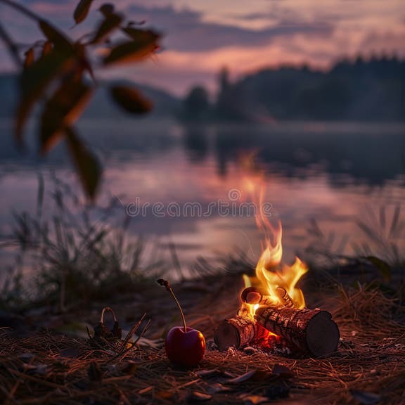 Calm Sunset Lake Campfire Scene with a Cherry Stock Photo - Image of ...