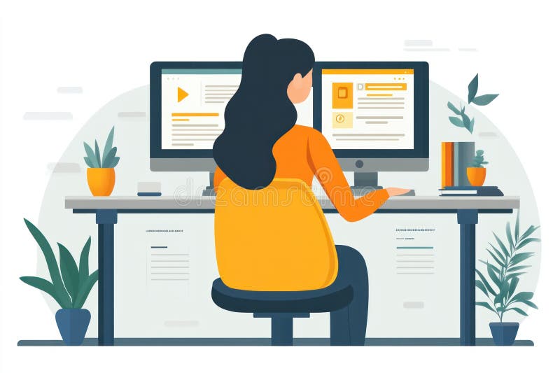 Calm Support Agent Working at Desk with Dual Monitors, Plants, and Cozy ...