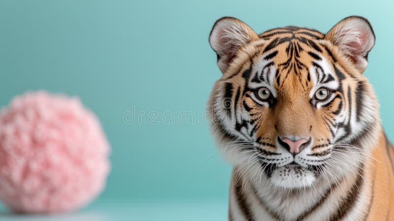 A Calm Tiger Gazes Forward Against a Soft Teal Background with a ...