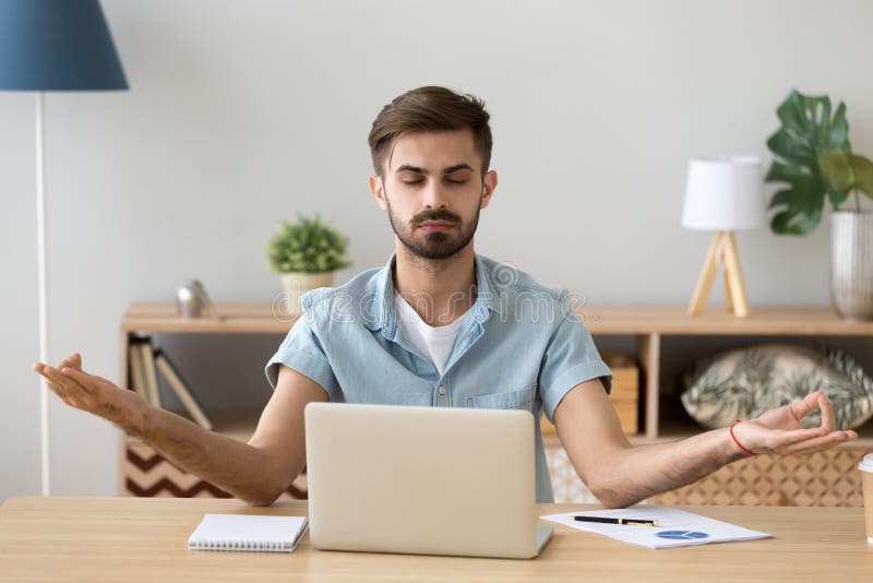 Calm Tranquil Young Man Taking Break at Work Practicing Yoga Stock ...