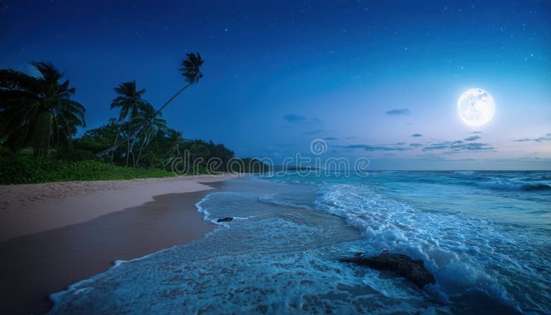 Calm Tropical Beach at Night Illuminated by a Bright Moon and Gentle ...