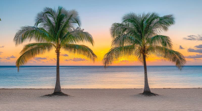 Calm Twilight at a Tropical Shore with Palm Trees and Soft Waves Stock ...