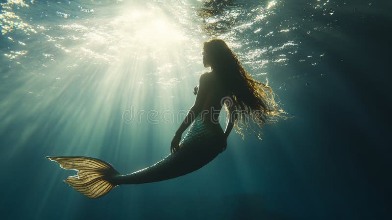 A Calm Underwater Landscape Where a Mermaid Swims with Grace. Stock ...