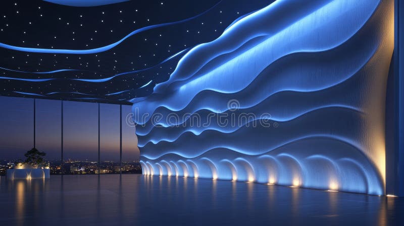 A Calm, Unoccupied Room with an Abstract Wave Design on the Wall and a ...