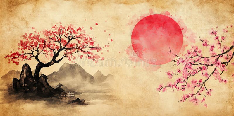 A Calm Vista with the Red Sun Setting Over Hazy Mountains and Cherry ...