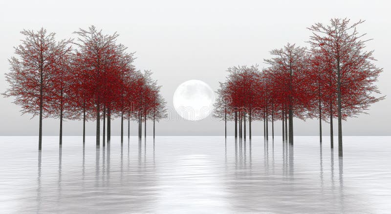 Calm Water and Red Trees are Set Against a Serene Backdrop Illuminated ...