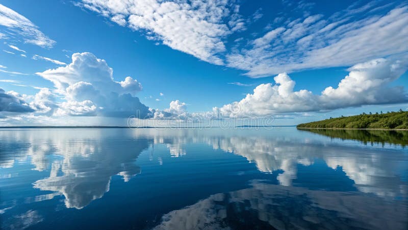 Calm Water Reflects a Sky Filled with Various Cloud Formations, Stock Illustration ...