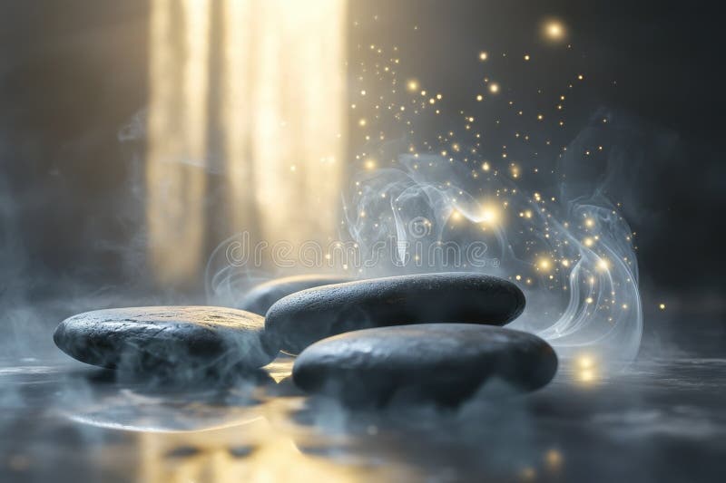 Calm Water Stones Surrounded by Ethereal Mist and Sparkling Light ...