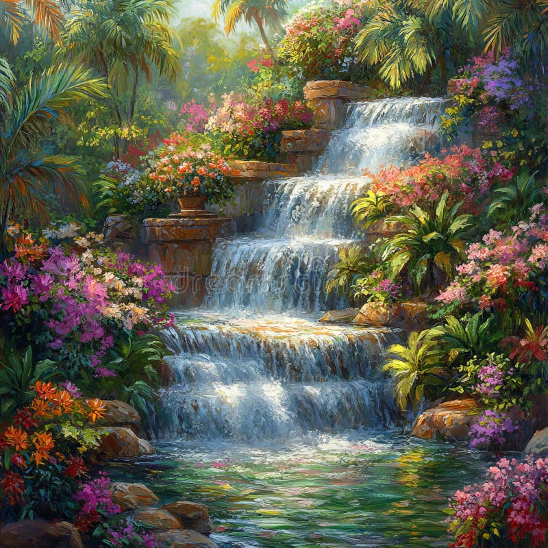 A Calm Waterfall Descends into a Lush, Tropical Pool Stock Image ...