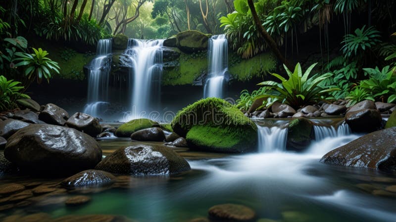 Calm Waterfall Flowing Gently Over Rocks in a Tropical Rainforest ...