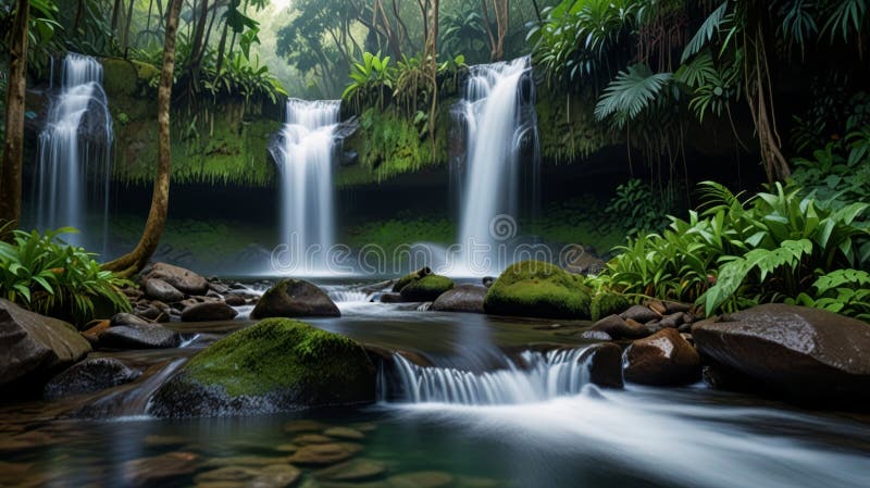 Calm Waterfall Flowing Gently Over Rocks in a Tropical Rainforest ...