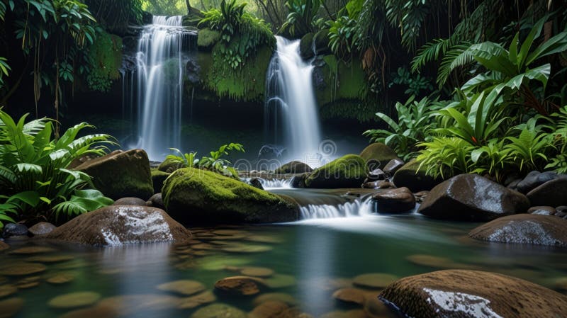 Calm Waterfall Flowing Gently Over Rocks in a Tropical Rainforest ...
