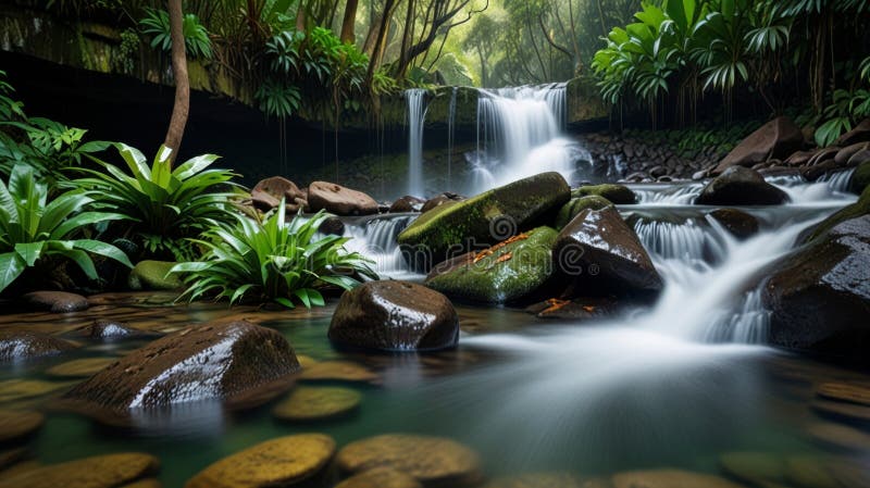 Calm Waterfall Flowing Gently Over Rocks in a Tropical Rainforest ...