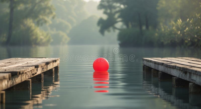 Calm Waterfront with a Wooden Dock and Solitary Red Float in Tranquil ...