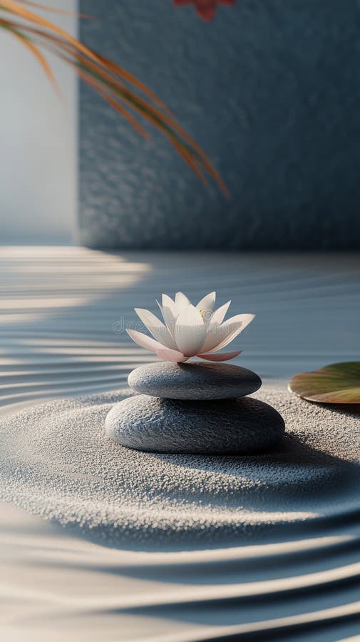 Calm Waters with a Blooming Lotus Flower on Stacked Stones in a Serene ...