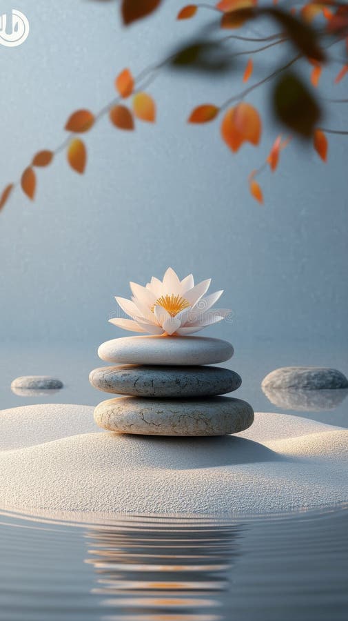 Calm Waters with a Blooming Lotus Flower on Stacked Stones in a Serene ...