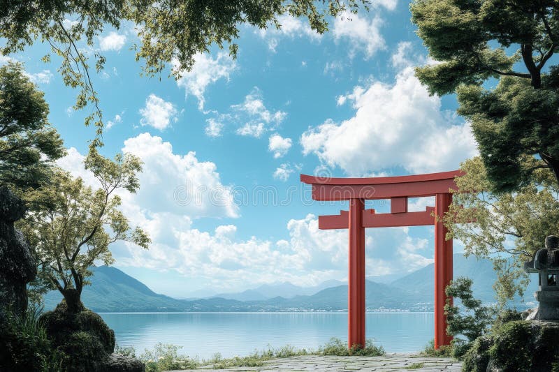 Serene Lakeside View Featuring a Traditional Red Torii Gate Surrounded ...