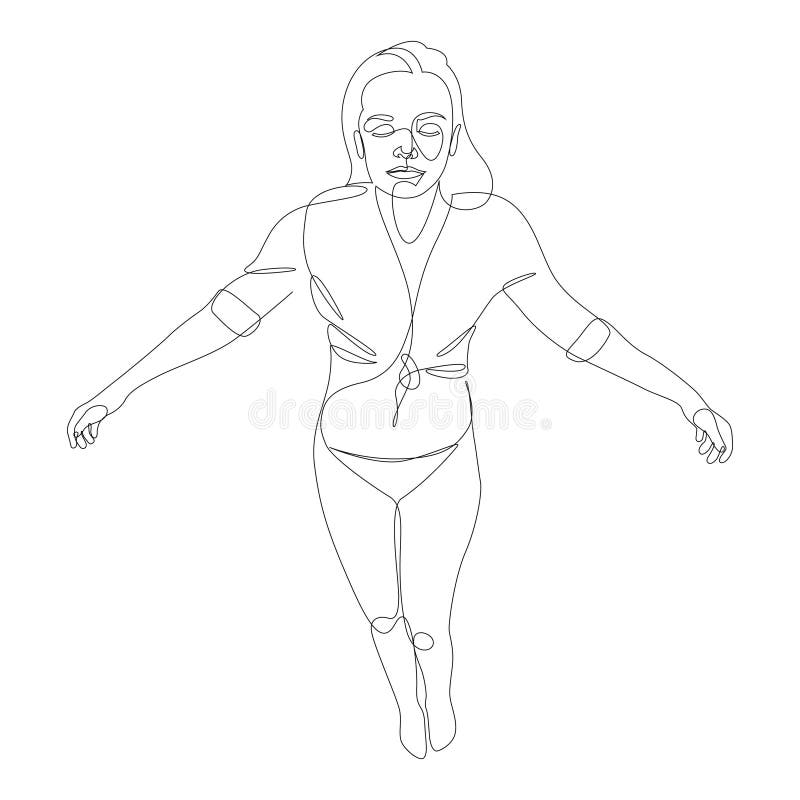 Calm Woman Levitates in the Air - One Continuous Line Drawing. Vector ...