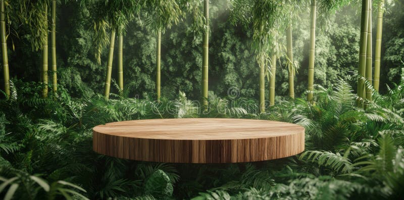A Calm Wooden Platform Set in Vibrant Greenery, Ideal for Displaying ...