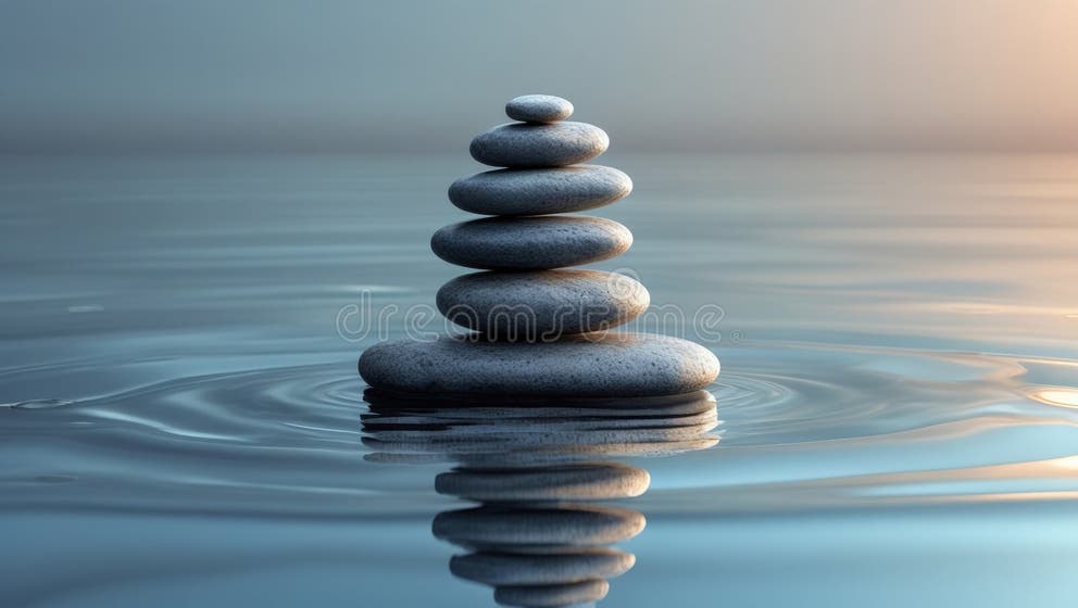 Calm Zen Stone Stack on Water Surface at Sunset Stock Illustration ...