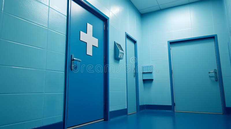Calming Blue Hallway with Medical Doors. Stock Image - Image of clean ...