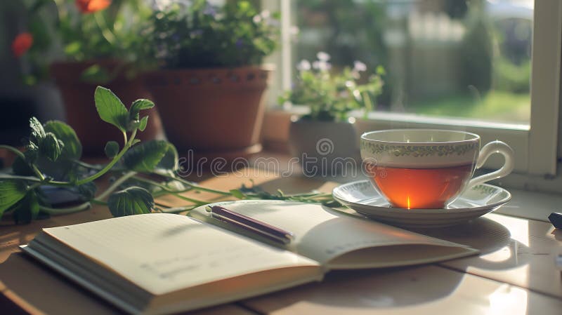 A Calming Desktop Setup with a Journal and a Cup of Herbal Tea, Hyper ...