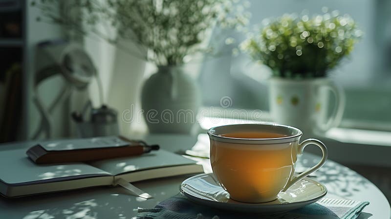 A Calming Desktop Setup with a Journal and a Cup of Herbal Tea, Hyper ...