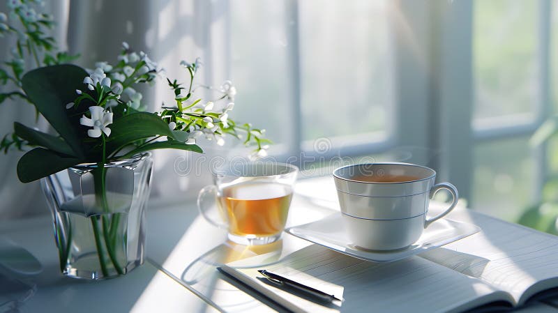 A Calming Desktop Setup with a Journal, Pen, and a Cup of Herbal Tea ...