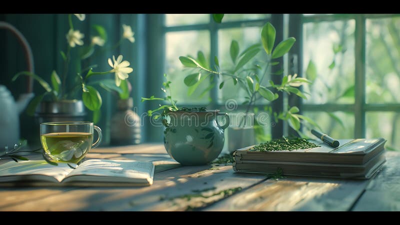 A Calming Desktop Setup with a Journal, Pen, and a Cup of Herbal Tea ...