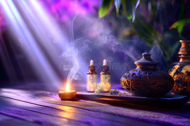 Aromatherapy Setup with Candles and Essential Oils Under Soft Lighting ...