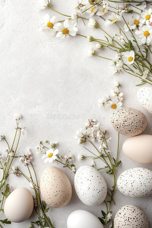 Calming Easter Background Featuring Neutral-toned Eggs and Wildflowers ...