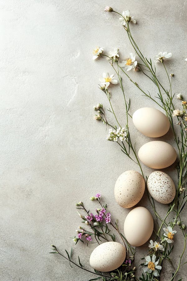Calming Easter Background Featuring Neutral-toned Eggs and Wildflowers ...